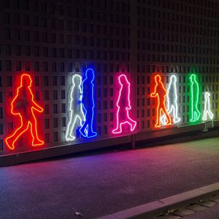 Neon Sidewalk Signs Rain Soaked Street Illuminated By Neon Signs In A